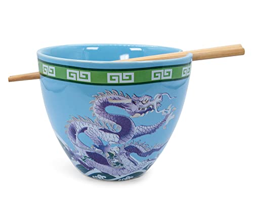 Bowl Bop Blue Dragons Japanese Ceramic Dinnerware Set | Includes 16-Ounce Ramen Noodle Bowl and Wooden Chopsticks | Asian Food Dish Set For Home & Kitchen | Kawaii Anime Gifts and Collectibles