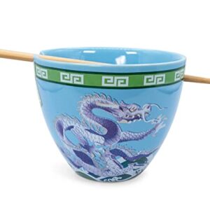 Bowl Bop Blue Dragons Japanese Ceramic Dinnerware Set | Includes 16-Ounce Ramen Noodle Bowl and Wooden Chopsticks | Asian Food Dish Set For Home & Kitchen | Kawaii Anime Gifts and Collectibles