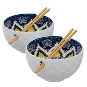 american atelier ramen bowl with chopsticks | set of 2 | soup bowls for kitchen | udon noodle bowls with chopsticks | stoneware rice bowl | 6" diameter (21 oz) - medallion blue & yellow star design