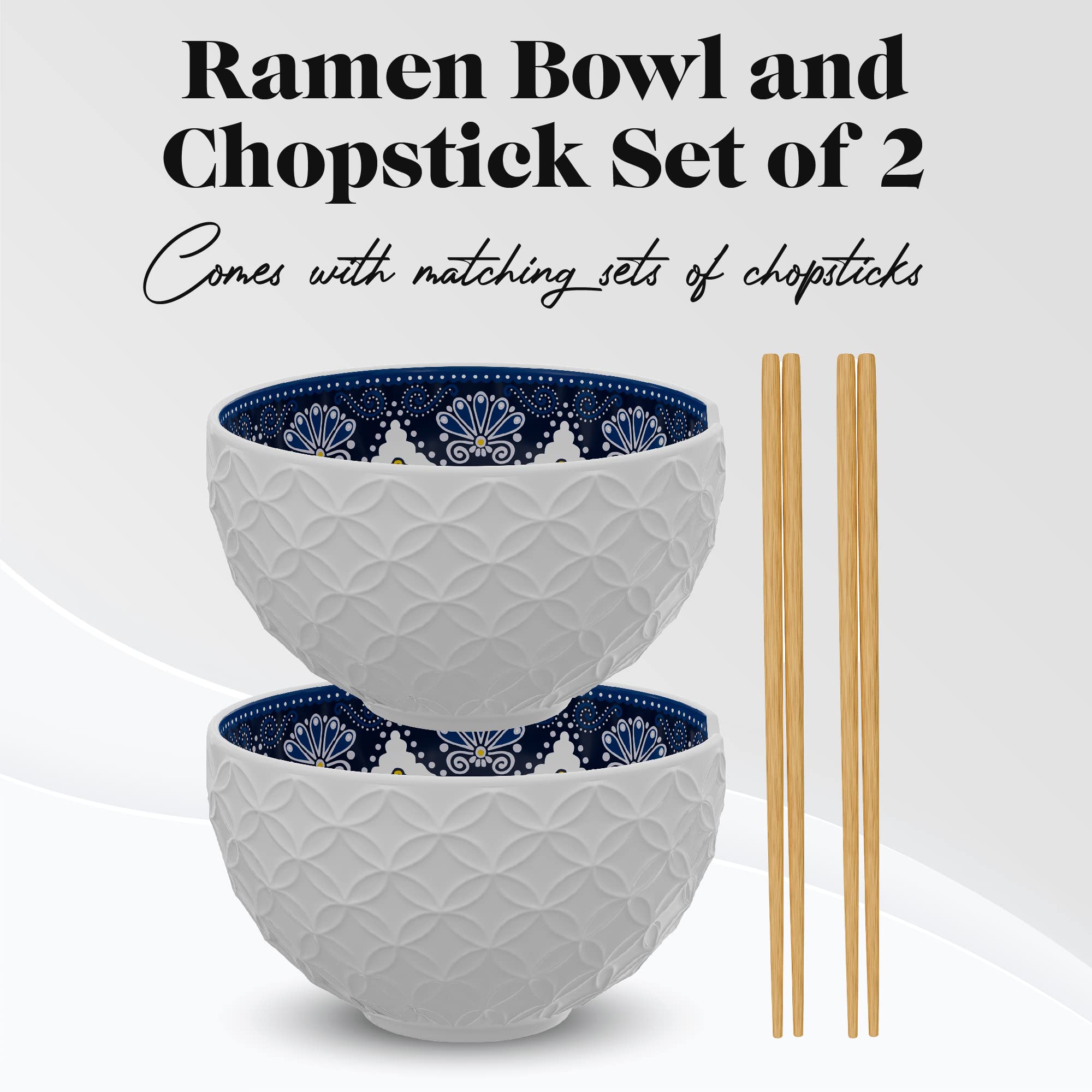 American Atelier Ramen Bowl with Chopsticks | Set of 2 | Soup Bowls for Kitchen | Udon Noodle Bowls with Chopsticks | Stoneware Rice Bowl | 6" Diameter (21 Oz) - Medallion Blue & Yellow Star Design