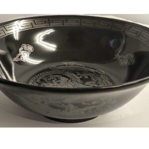 Japanese Ramen Bowl, Mino-Yaki Ceramic, Large Size 21cm 1.1L, Black Glaze & Silver Dragon, Made in Japan