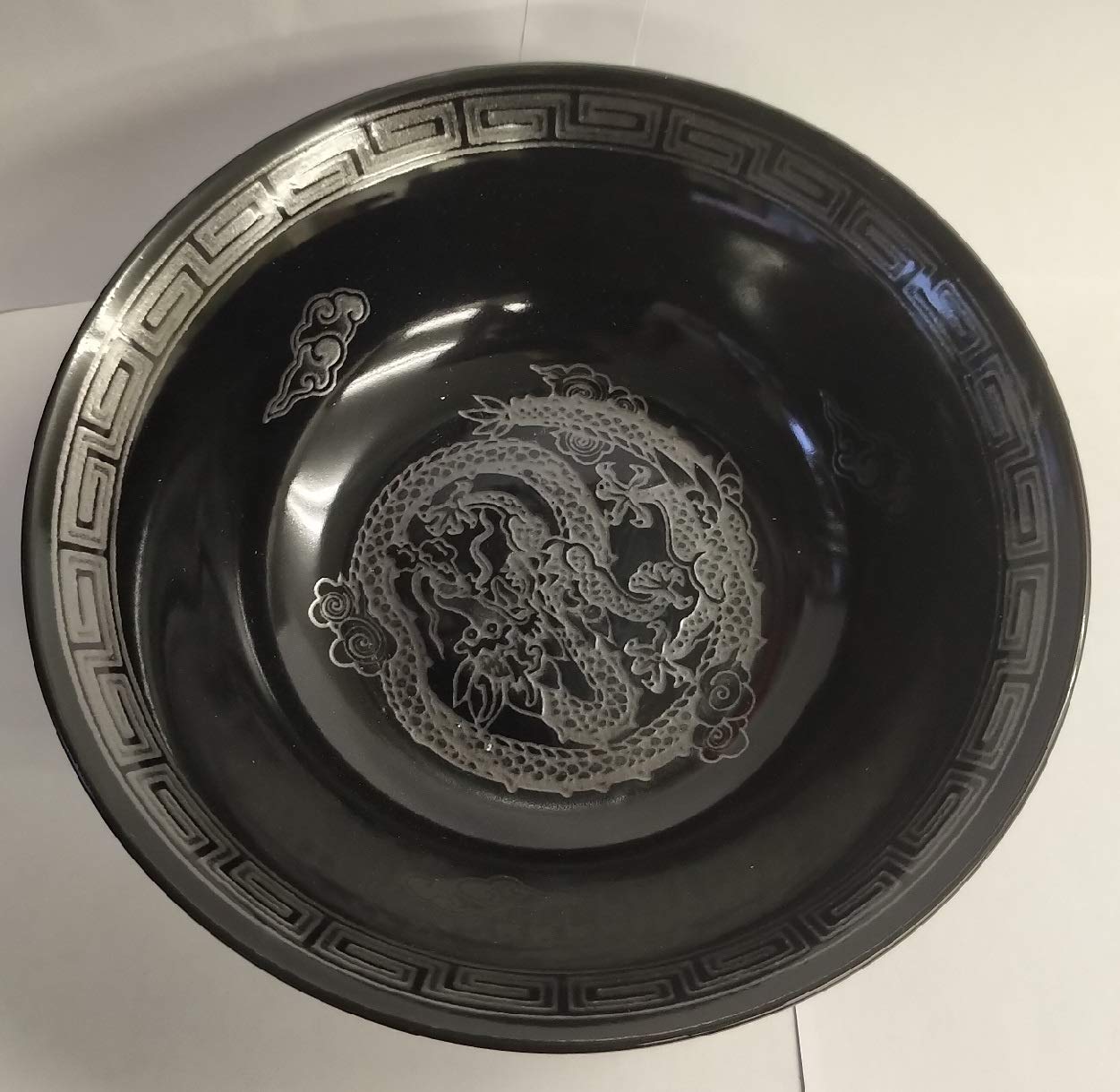 Japanese Ramen Bowl, Mino-Yaki Ceramic, Large Size 21cm 1.1L, Black Glaze & Silver Dragon, Made in Japan