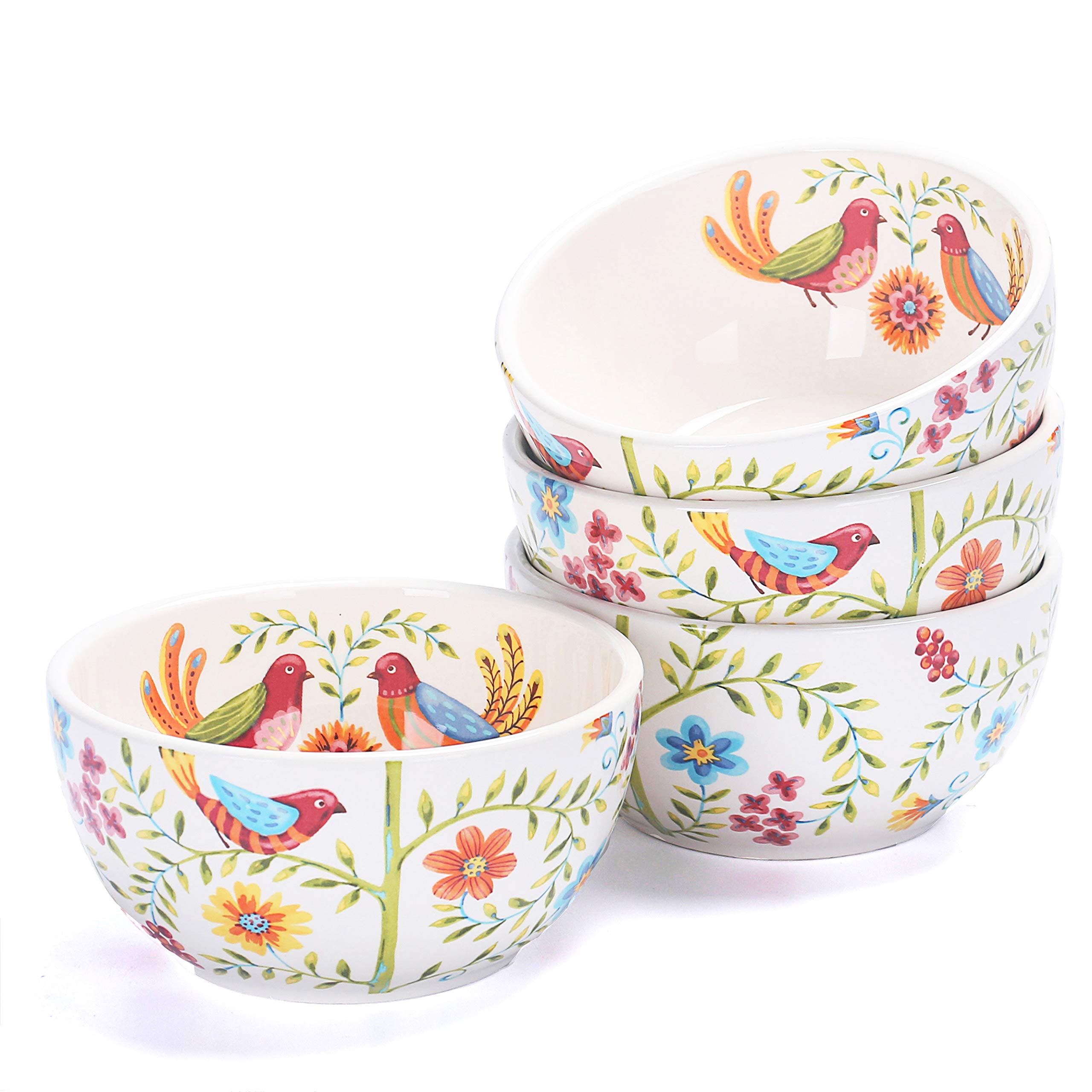 Bico Red Spring Bird Ceramic Bowls Set of 4, 26oz, for Pasta, Salad, Cereal, Soup & Microwave & Dishwasher Safe