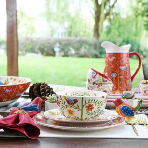 Bico Red Spring Bird Ceramic Bowls Set of 4, 26oz, for Pasta, Salad, Cereal, Soup & Microwave & Dishwasher Safe