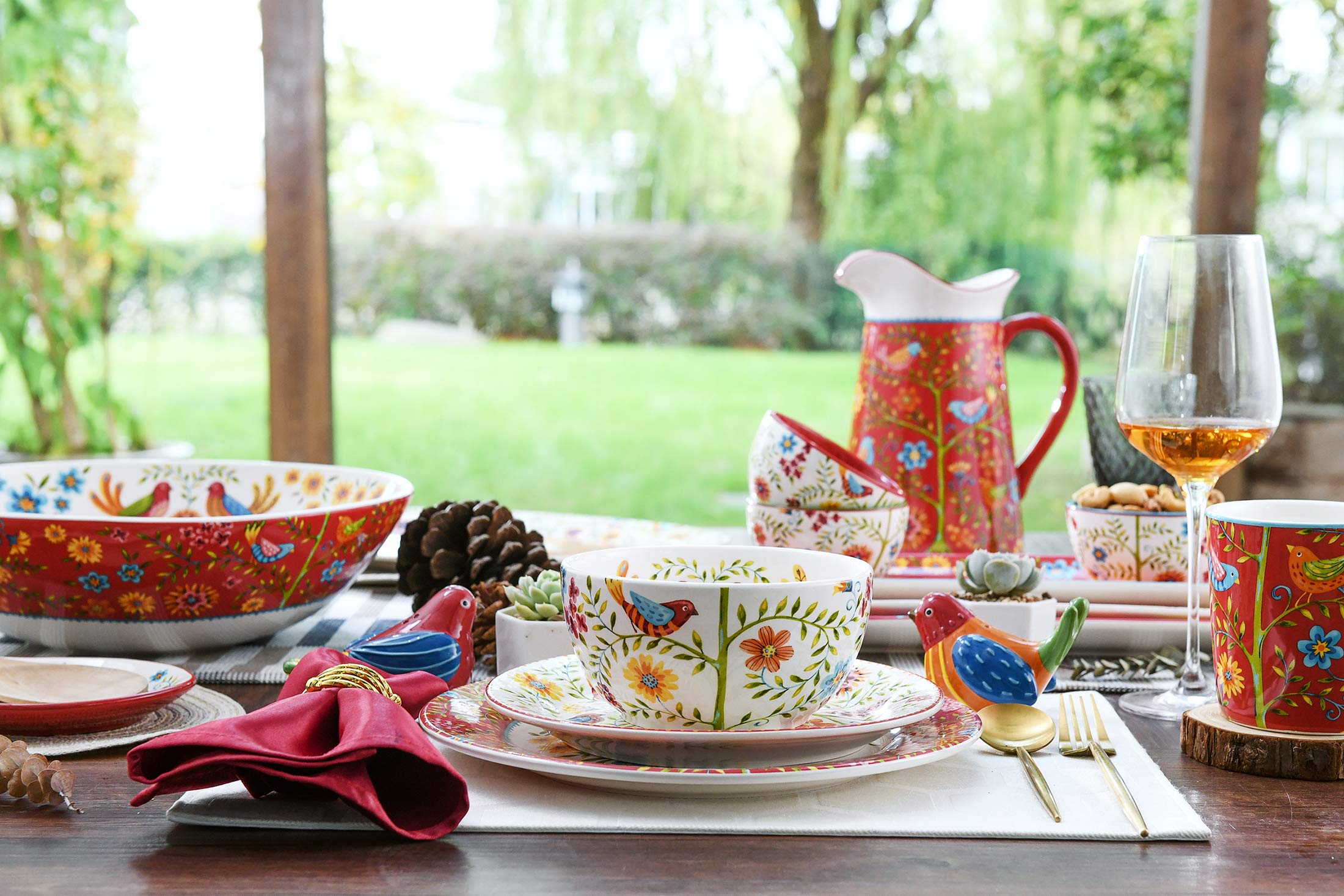 Bico Red Spring Bird Ceramic Bowls Set of 4, 26oz, for Pasta, Salad, Cereal, Soup & Microwave & Dishwasher Safe