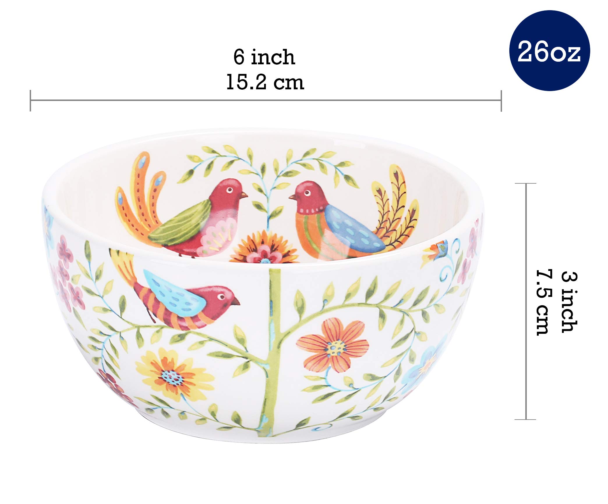 Bico Red Spring Bird Ceramic Bowls Set of 4, 26oz, for Pasta, Salad, Cereal, Soup & Microwave & Dishwasher Safe