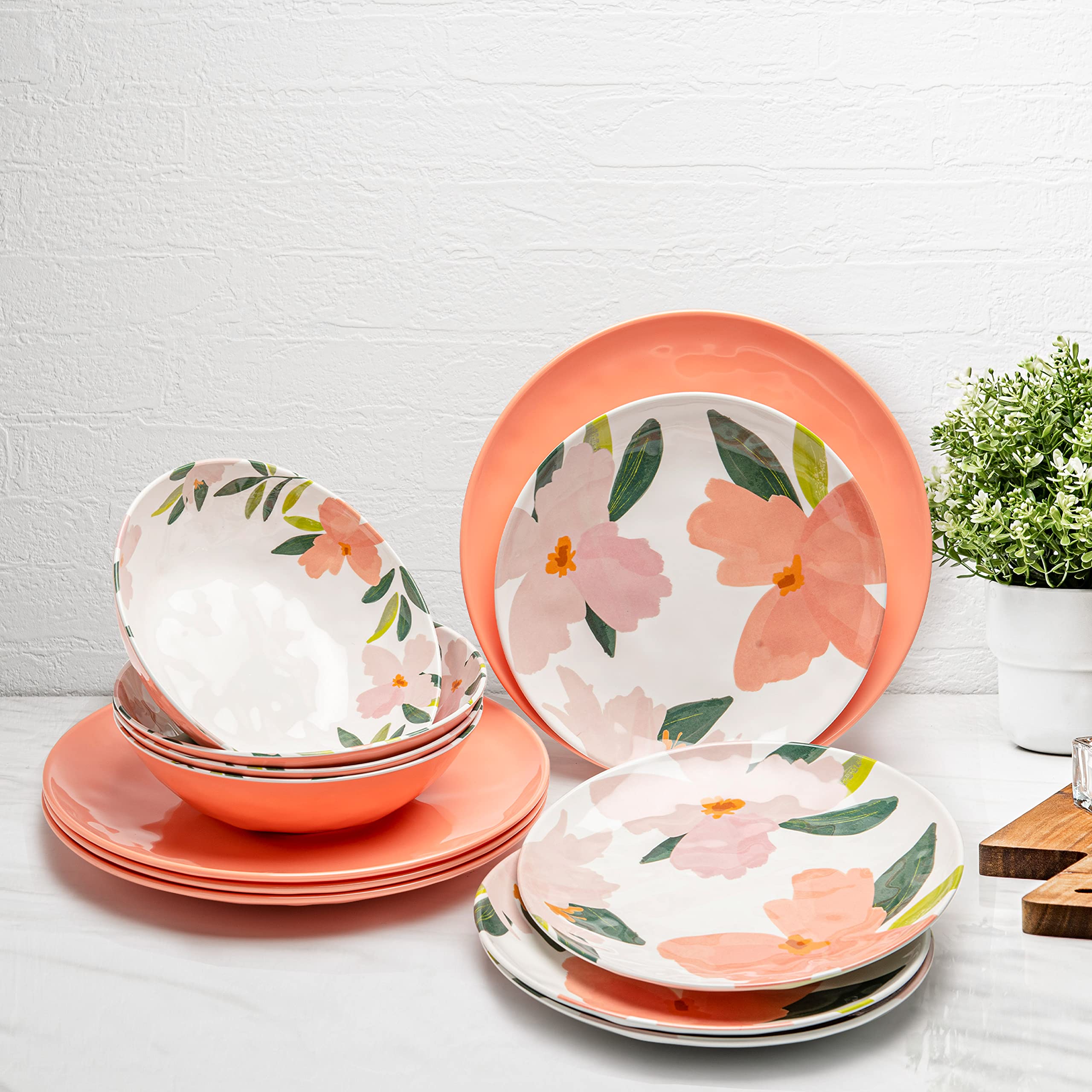 Zak Designs Melamine Dinnerware Set, 12-Piece, Service for 4, Blossom (Apricot)