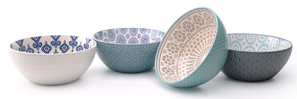 Signature Housewares Pad Print 11 Set of 4 Snack Bowls 6", Aqua, Light Blue, Dark Blue, White