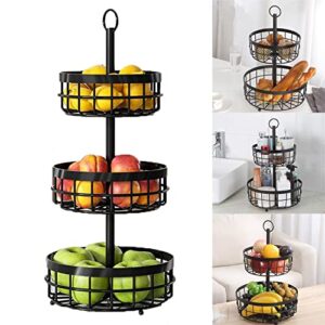 baoz 3 tier fruit basket for kitchen countertop metal wire fruit bowl holder triple layer detachable fruit storage tray rack stand for storing veggies bread snacks, black