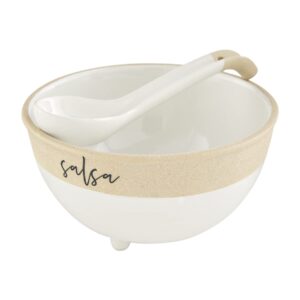 mud pie farmhouse stoneware salsa set, white, bowl 3 1/2" x 6" dia | spoon 6"