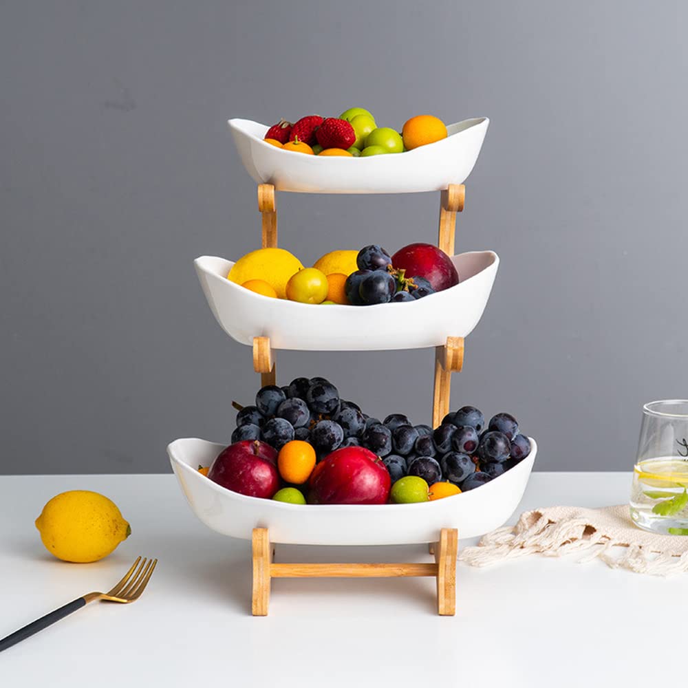 Zucng Ceramic Fruit Bowl 3 Tier, Fruit Basket Detachable Serving Tray Porcelain Fruit Basket for Snack Dessert Cake (White)