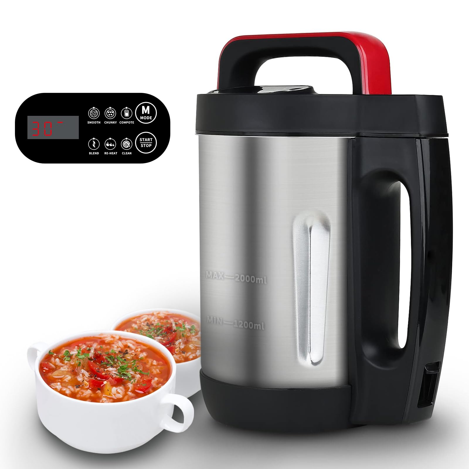 Potlimepan Soup Maker Machine 2L, 8 in 1 Multi-Funcation Soup and Smoothie Maker with Led Control Panel, Stainless Steel Hot Soup Maker Electric, Makes 3-6 Servings Smart Living for Home Use Red