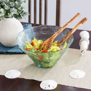 French Home Recycled Clear Glass 12" W x 6" H, Coastal Salad Bowl and Olive Wood Servers