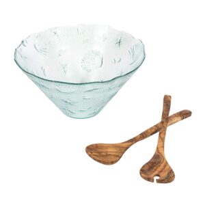 French Home Recycled Clear Glass 12" W x 6" H, Coastal Salad Bowl and Olive Wood Servers