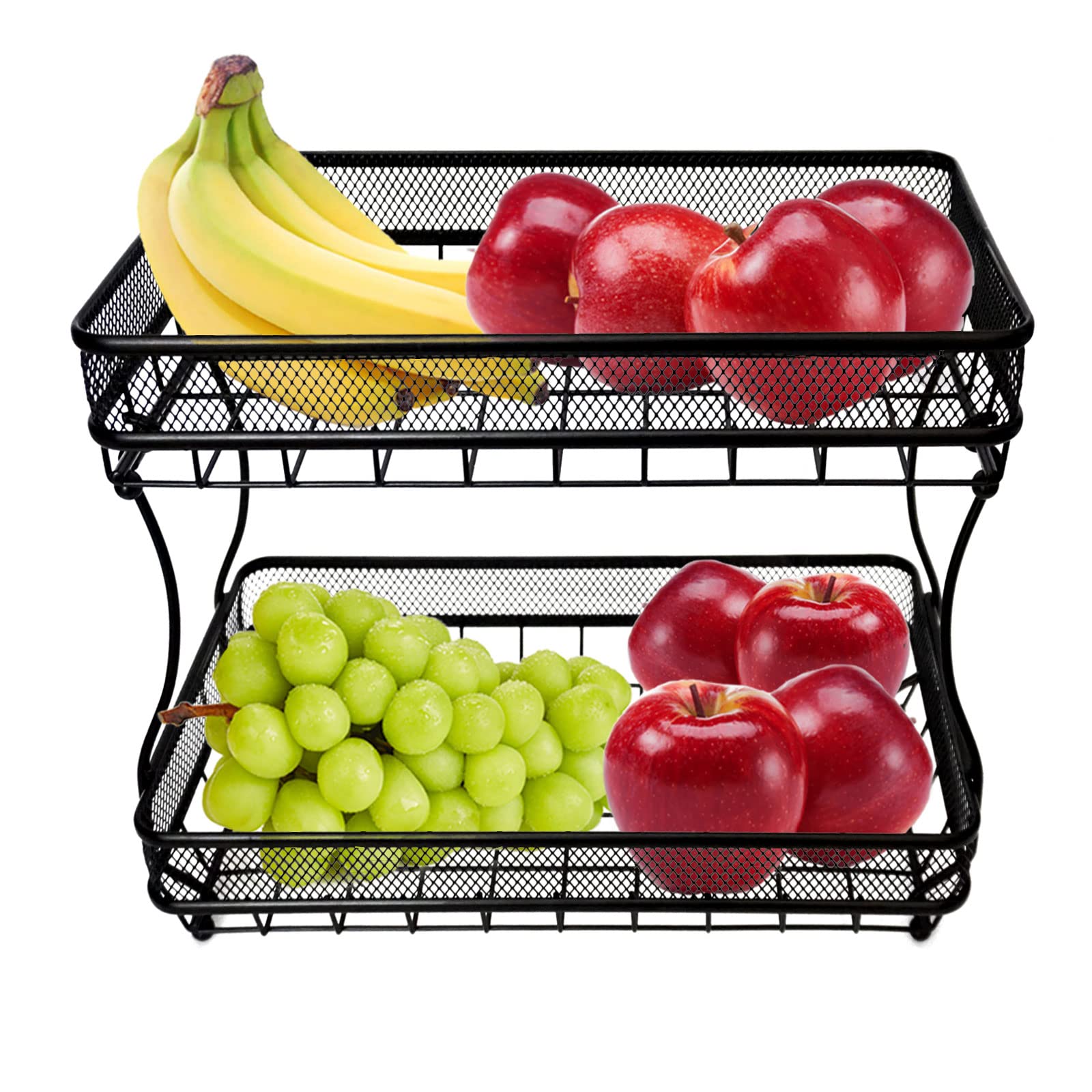 2 Tier Fruit Storage Basket for Kitchen Countertop,GTAGGEE Bread Baskets Fruit Bowl Holder Vegetable Stand Detachable Metal Rectangular Wire Basket, Black