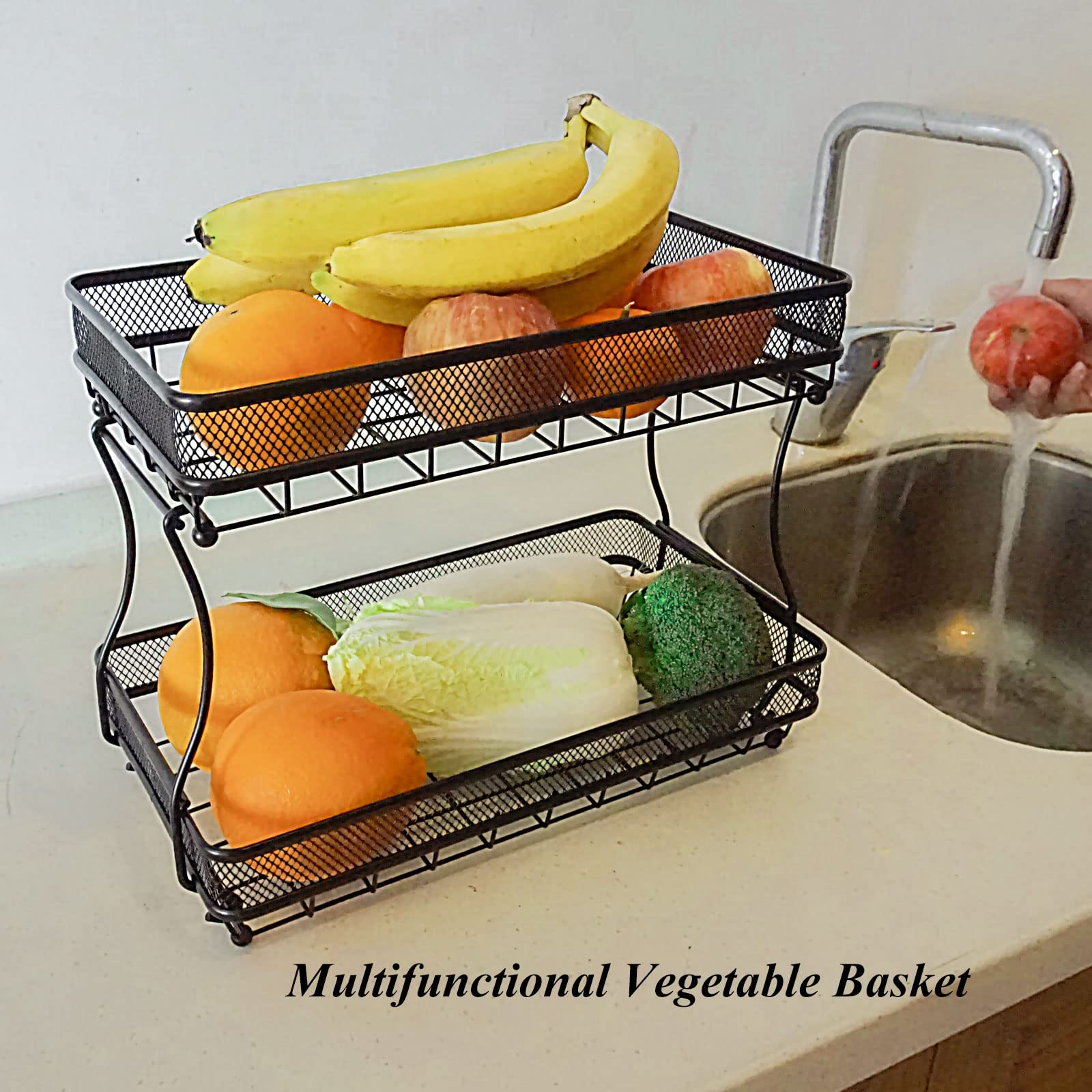 2 Tier Fruit Storage Basket for Kitchen Countertop,GTAGGEE Bread Baskets Fruit Bowl Holder Vegetable Stand Detachable Metal Rectangular Wire Basket, Black