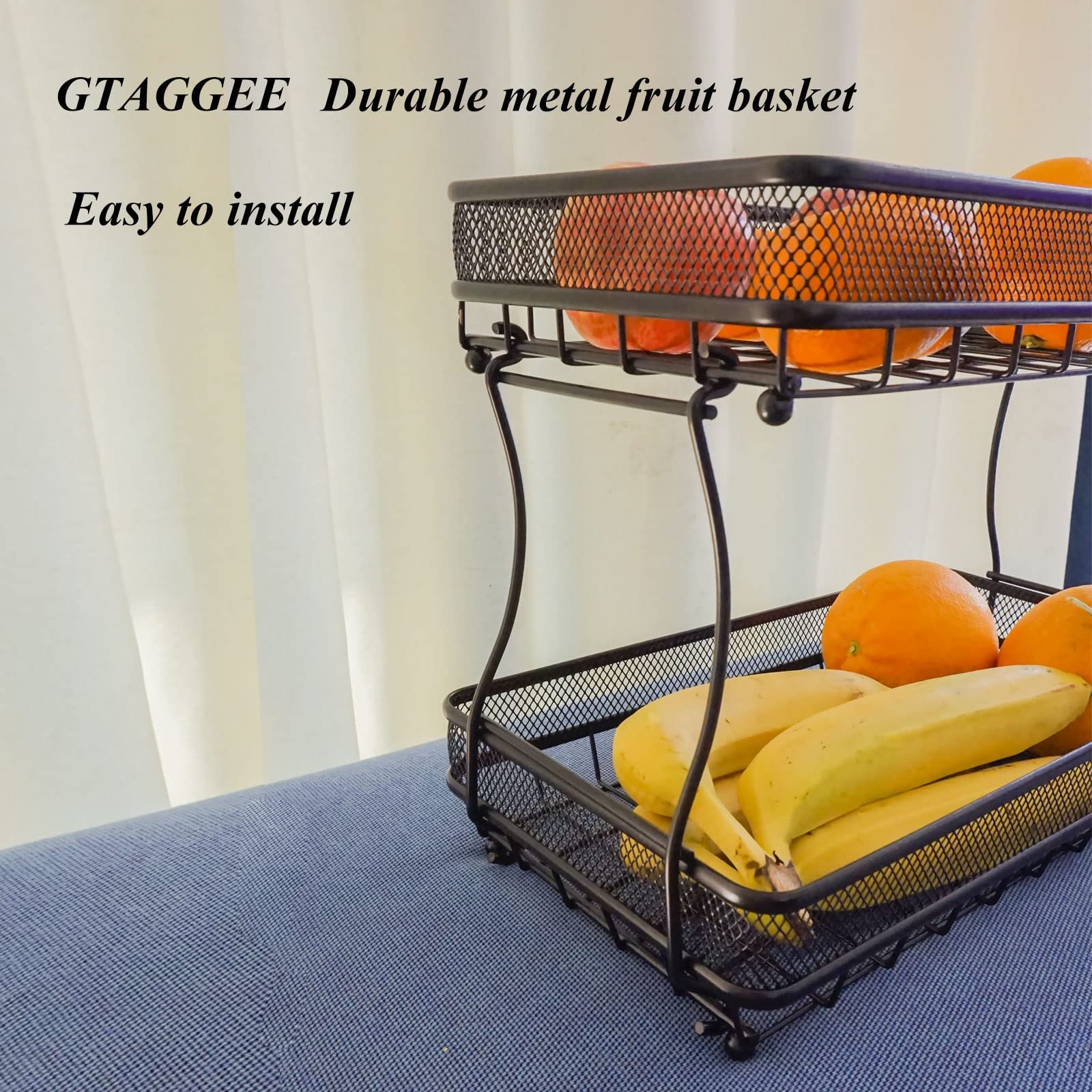 2 Tier Fruit Storage Basket for Kitchen Countertop,GTAGGEE Bread Baskets Fruit Bowl Holder Vegetable Stand Detachable Metal Rectangular Wire Basket, Black