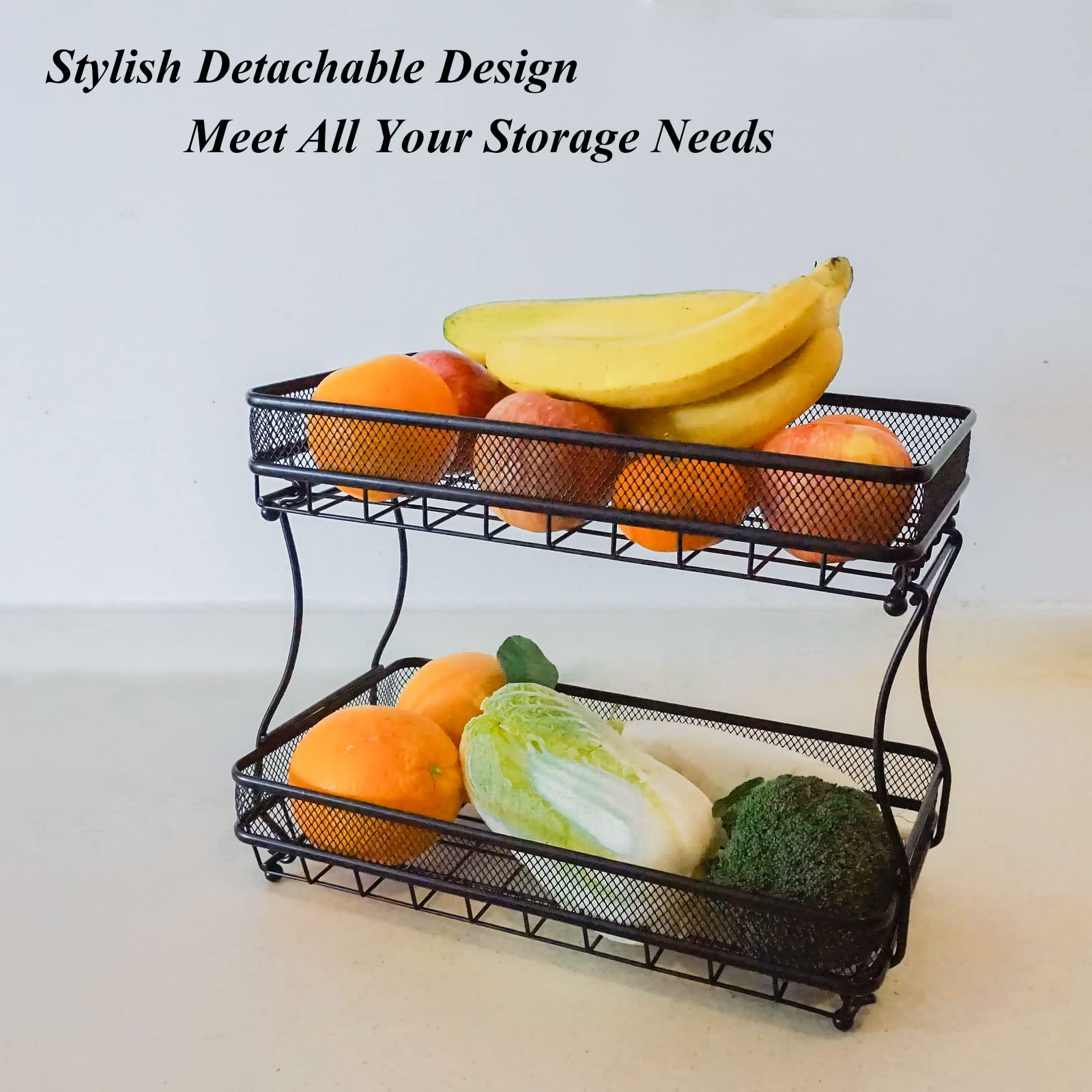 2 Tier Fruit Storage Basket for Kitchen Countertop,GTAGGEE Bread Baskets Fruit Bowl Holder Vegetable Stand Detachable Metal Rectangular Wire Basket, Black