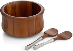 nambe - nara collection natural acacia wood salad bowl and servers with nambe alloy handles (10.5" x 5.5")