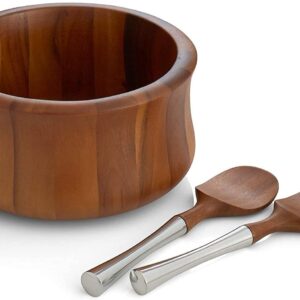 Nambe - Nara Collection Natural Acacia Wood Salad Bowl and Servers with Nambe Alloy Handles (10.5" x 5.5")