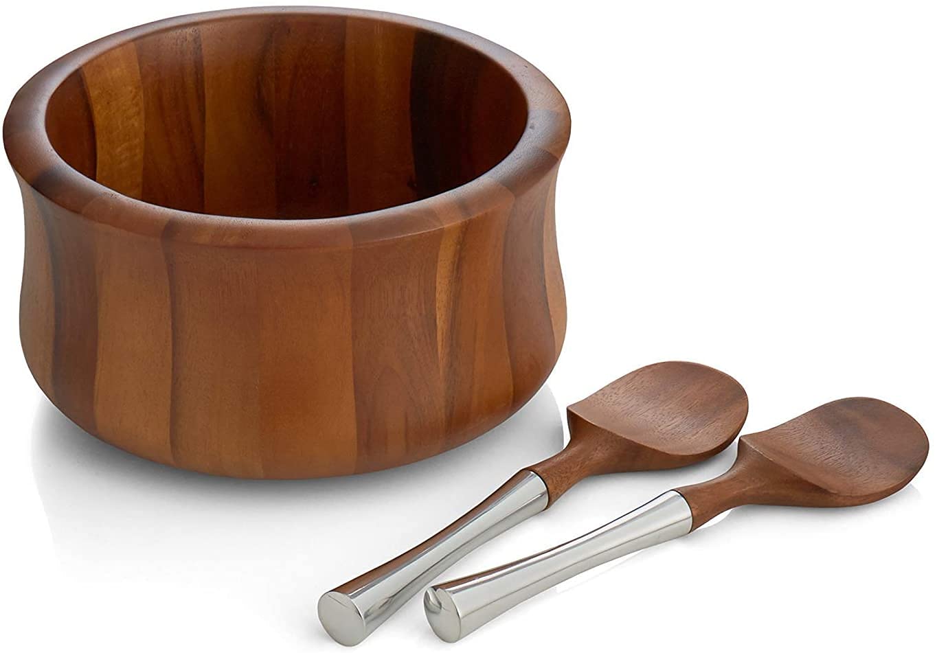 Nambe - Nara Collection Natural Acacia Wood Salad Bowl and Servers with Nambe Alloy Handles (10.5" x 5.5")