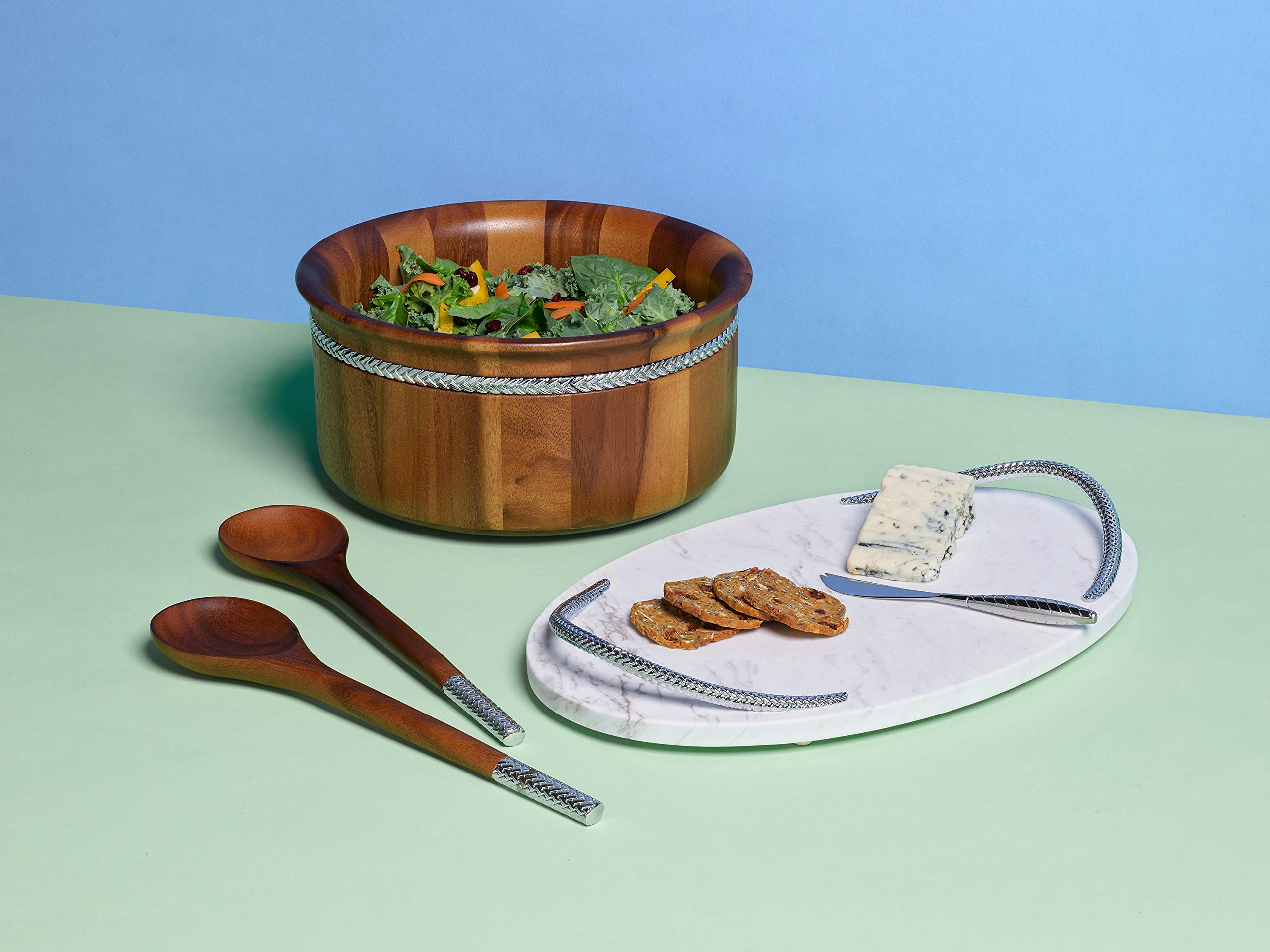 Nambe - Nara Collection Natural Acacia Wood Salad Bowl and Servers with Nambe Alloy Handles (10.5" x 5.5")