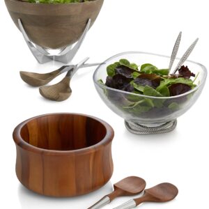 Nambe - Nara Collection Natural Acacia Wood Salad Bowl and Servers with Nambe Alloy Handles (10.5" x 5.5")