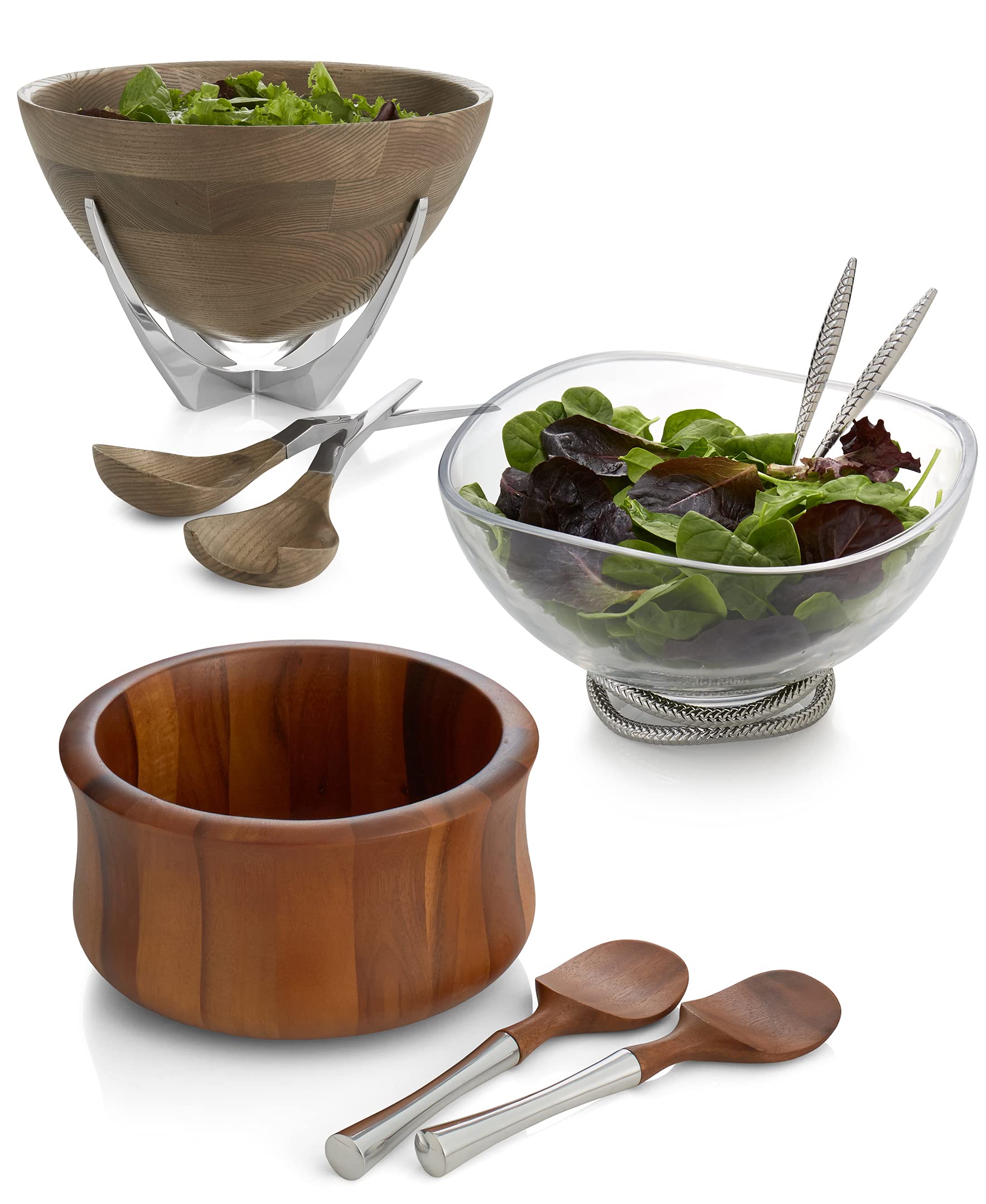 Nambe - Nara Collection Natural Acacia Wood Salad Bowl and Servers with Nambe Alloy Handles (10.5" x 5.5")