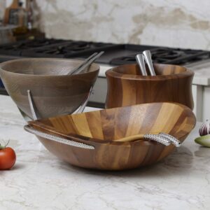 Nambe - Nara Collection Natural Acacia Wood Salad Bowl and Servers with Nambe Alloy Handles (10.5" x 5.5")