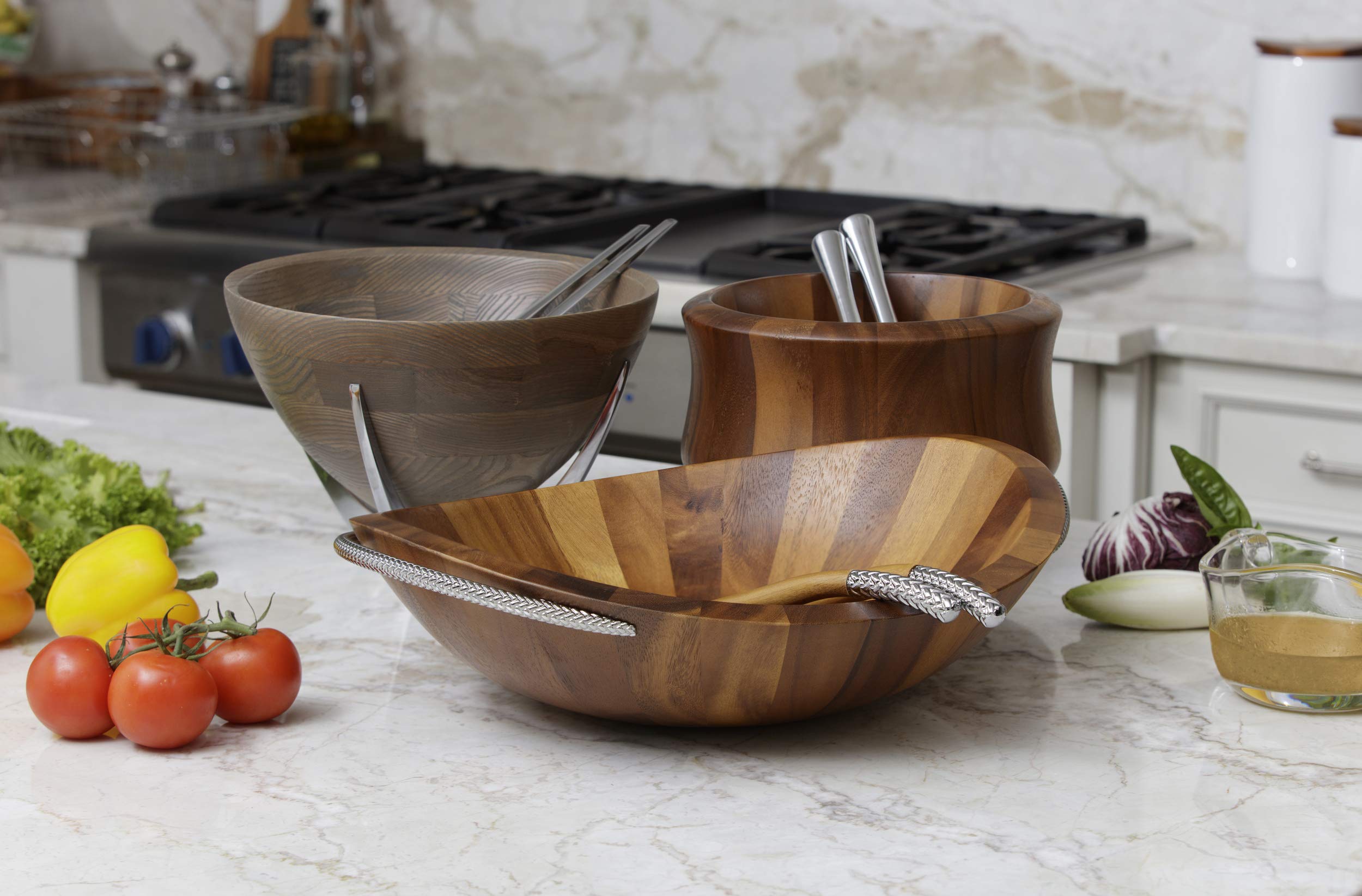 Nambe - Nara Collection Natural Acacia Wood Salad Bowl and Servers with Nambe Alloy Handles (10.5" x 5.5")