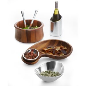 Nambe - Nara Collection Natural Acacia Wood Salad Bowl and Servers with Nambe Alloy Handles (10.5" x 5.5")