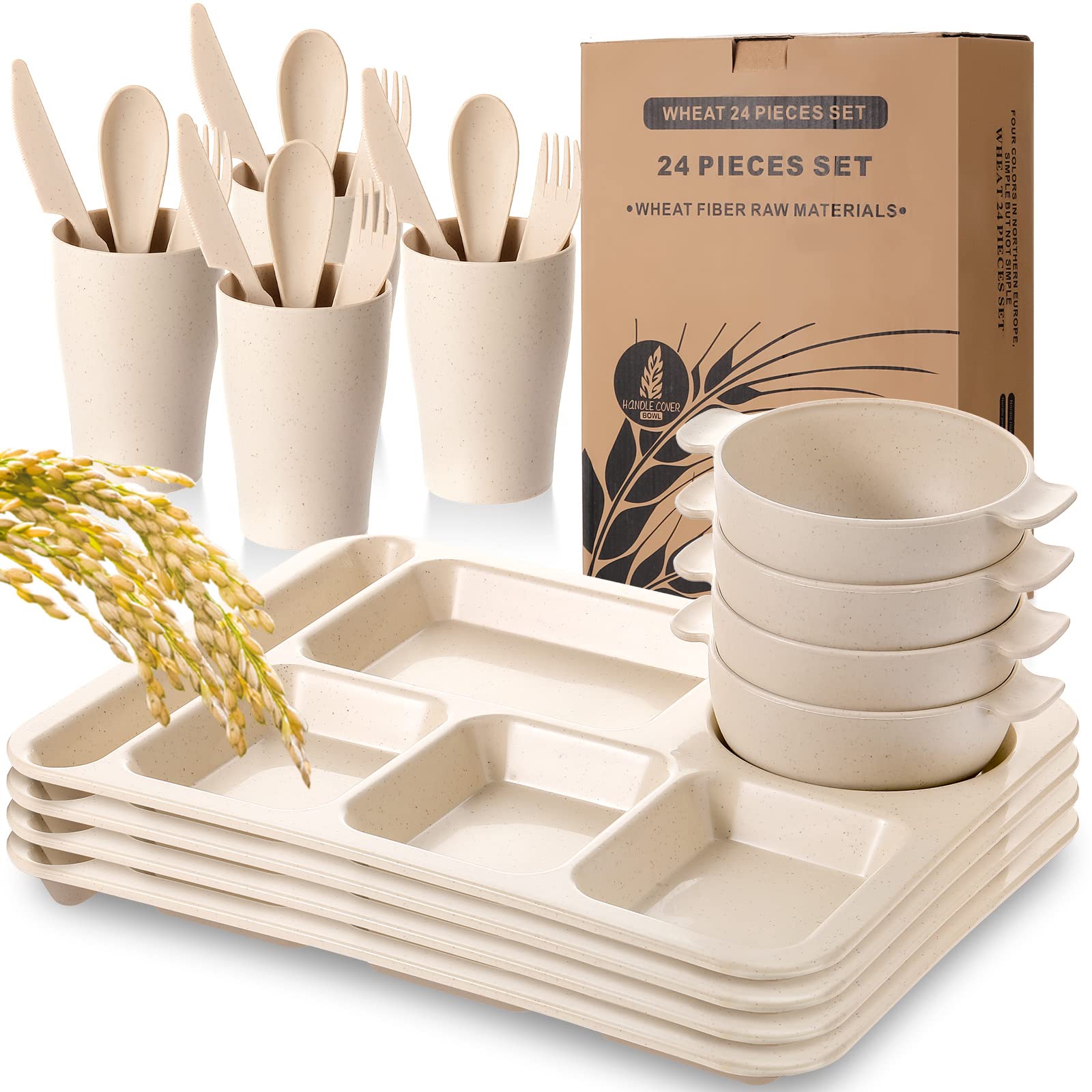 Bokon 24 Pcs Divided Plate for Kid Adult Wheat Straw Lunch cutlery Set Toddler Dinnerware Microwave Safe Picnic School(Beige)