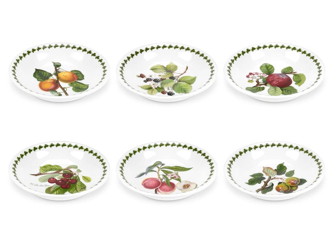 Portmeirion Pomona Collection | Set of 6 | Ceramic Dinnerware Dish Set | Microwave and Dishwasher Safe | Assorted Fruit Motifs | Made in England (Pasta/Low Bowl)