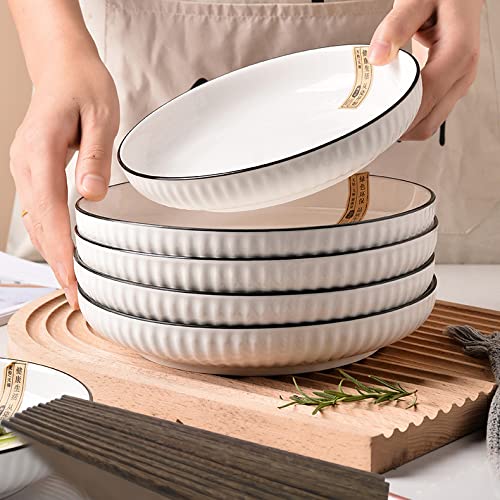 JDZTC Pasta Bowls Set Of 6 With Chopsticks White Ceramic Serving Salad Bowl 8 Inch Wide Shallow Plates Stoneware Kitchen Bowl Set