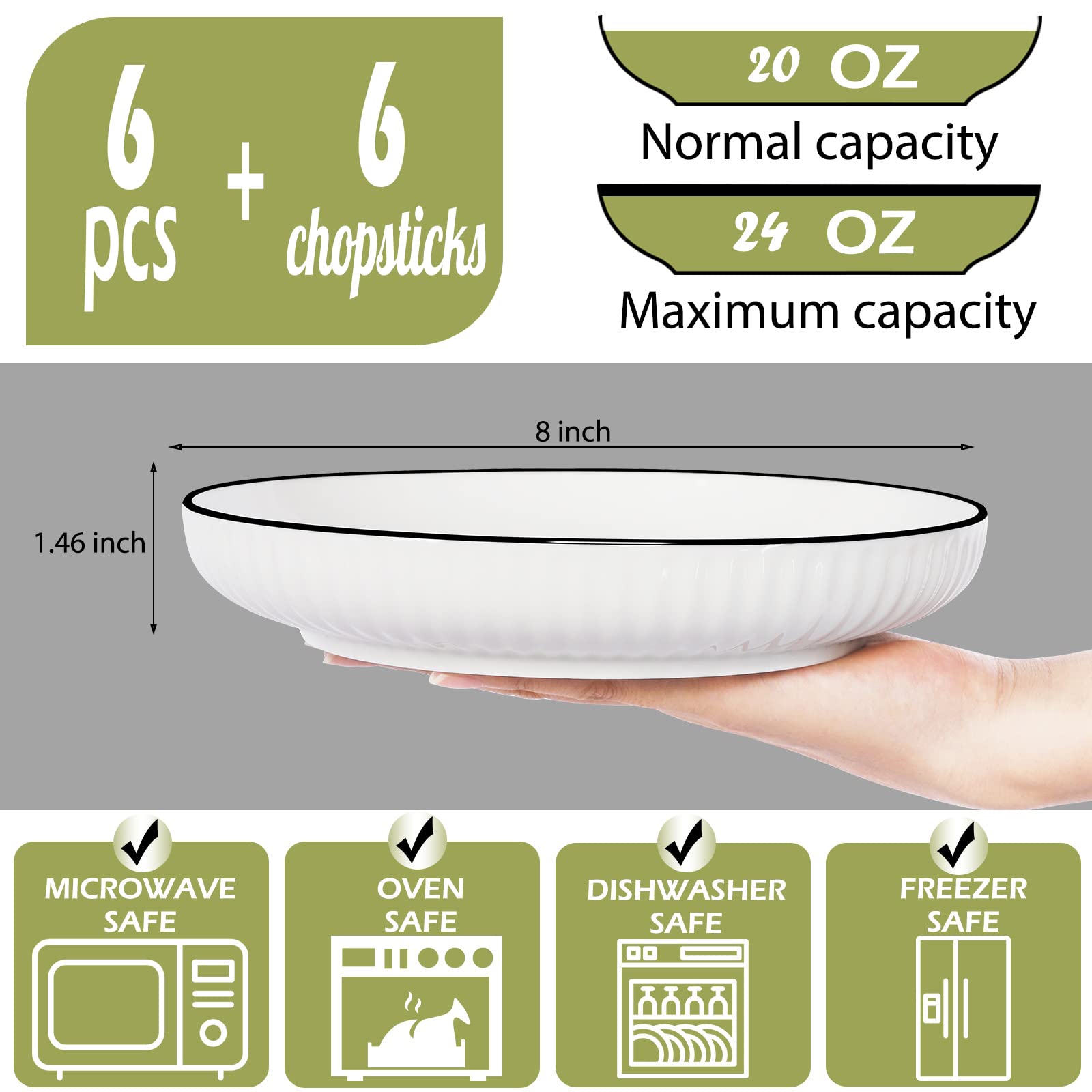 JDZTC Pasta Bowls Set Of 6 With Chopsticks White Ceramic Serving Salad Bowl 8 Inch Wide Shallow Plates Stoneware Kitchen Bowl Set