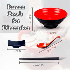 Ramen Bowl Set of 4 32 OZ with Large Melamine Bowls Spoons Complete Dinnerware Set with Chopsticks long-lasting Japanese style, Attractive handcrafted, Soup Bowls