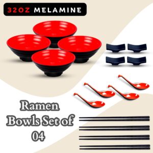 Ramen Bowl Set of 4 32 OZ with Large Melamine Bowls Spoons Complete Dinnerware Set with Chopsticks long-lasting Japanese style, Attractive handcrafted, Soup Bowls