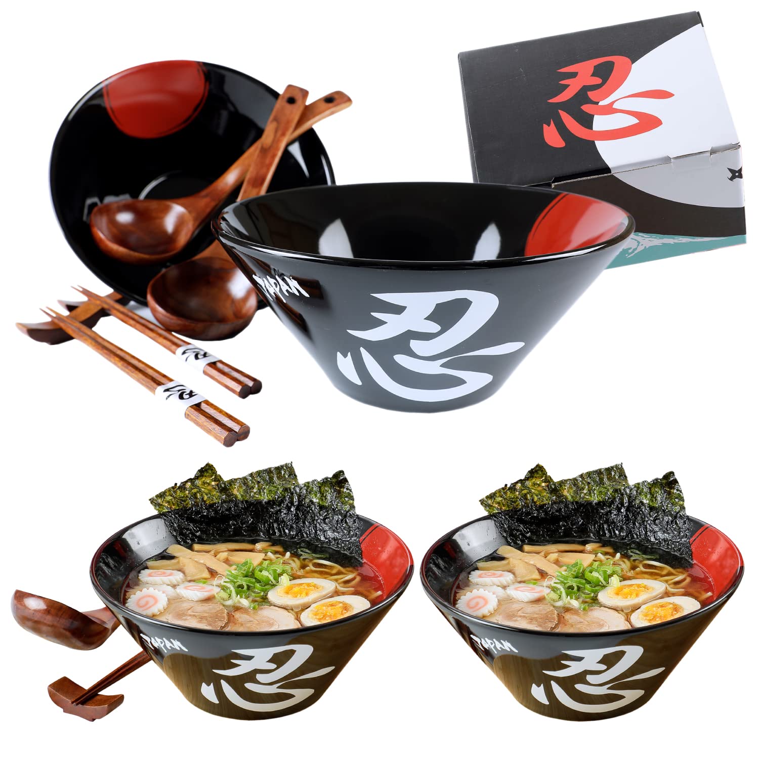 HAKONE YOSEGI Ceramic Japanese Ramen Bowl Set (Black, 60oz)