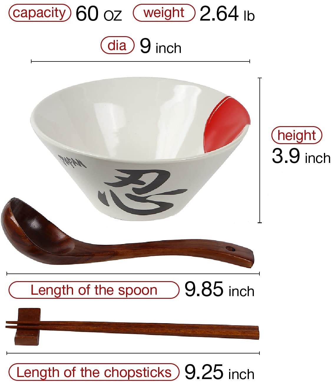 HAKONE YOSEGI Ceramic Japanese Ramen Bowl Set (Black, 60oz)