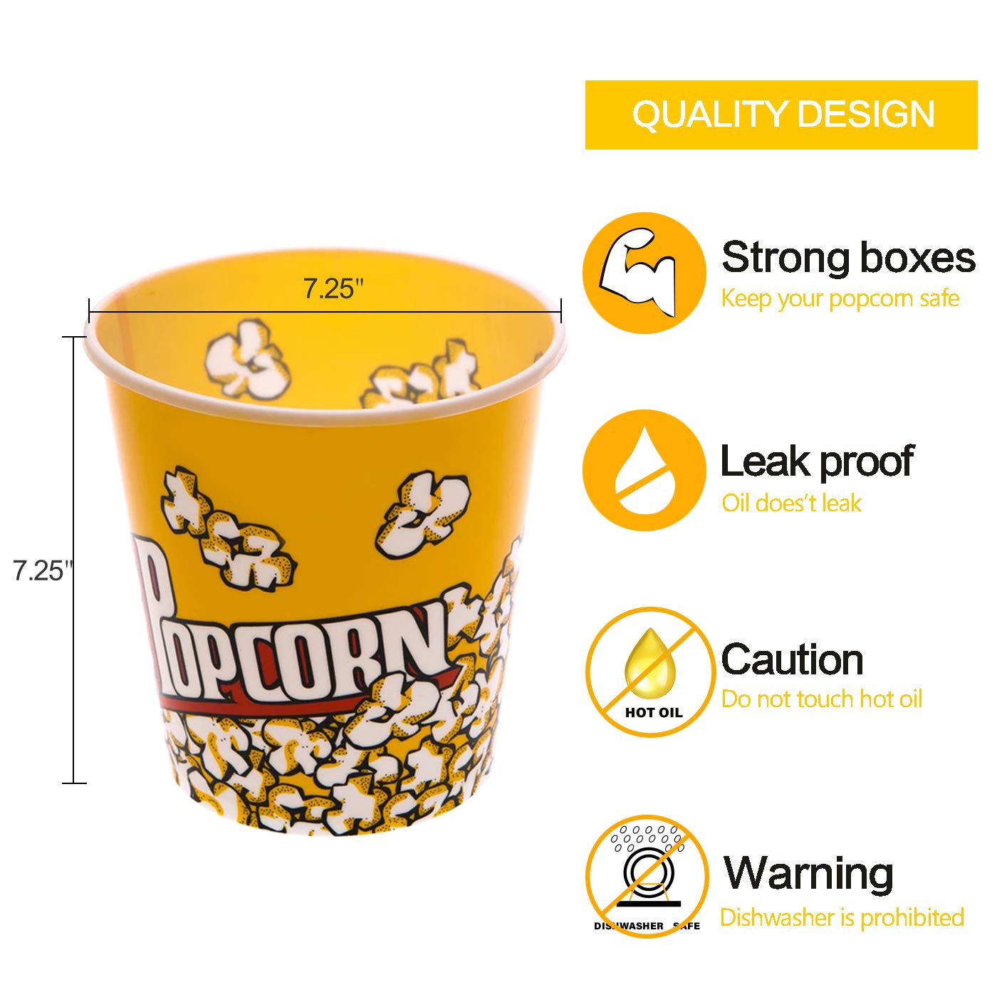 I.Q. Accessories Retro Style Plastic Popcorn Containers for Movie Night - 7.25" Tall x 7.25" Top Diameter