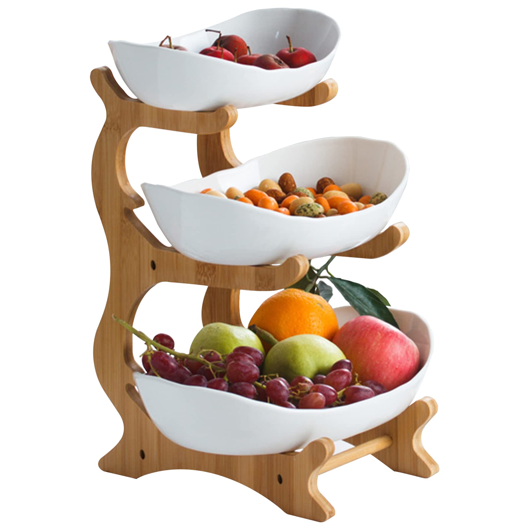 Ceramic Oval Tiered Serving bowls Tray Set，White 3 Tier Ceramic Fruit Bowl with Bamboo Wood Stand for Sushi, Dessert, Fruit, Vegetables, Appetizer, Cake, Candy, Chip Dip (White, 3-Tier)