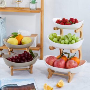 Ceramic Oval Tiered Serving bowls Tray Set，White 3 Tier Ceramic Fruit Bowl with Bamboo Wood Stand for Sushi, Dessert, Fruit, Vegetables, Appetizer, Cake, Candy, Chip Dip (White, 3-Tier)