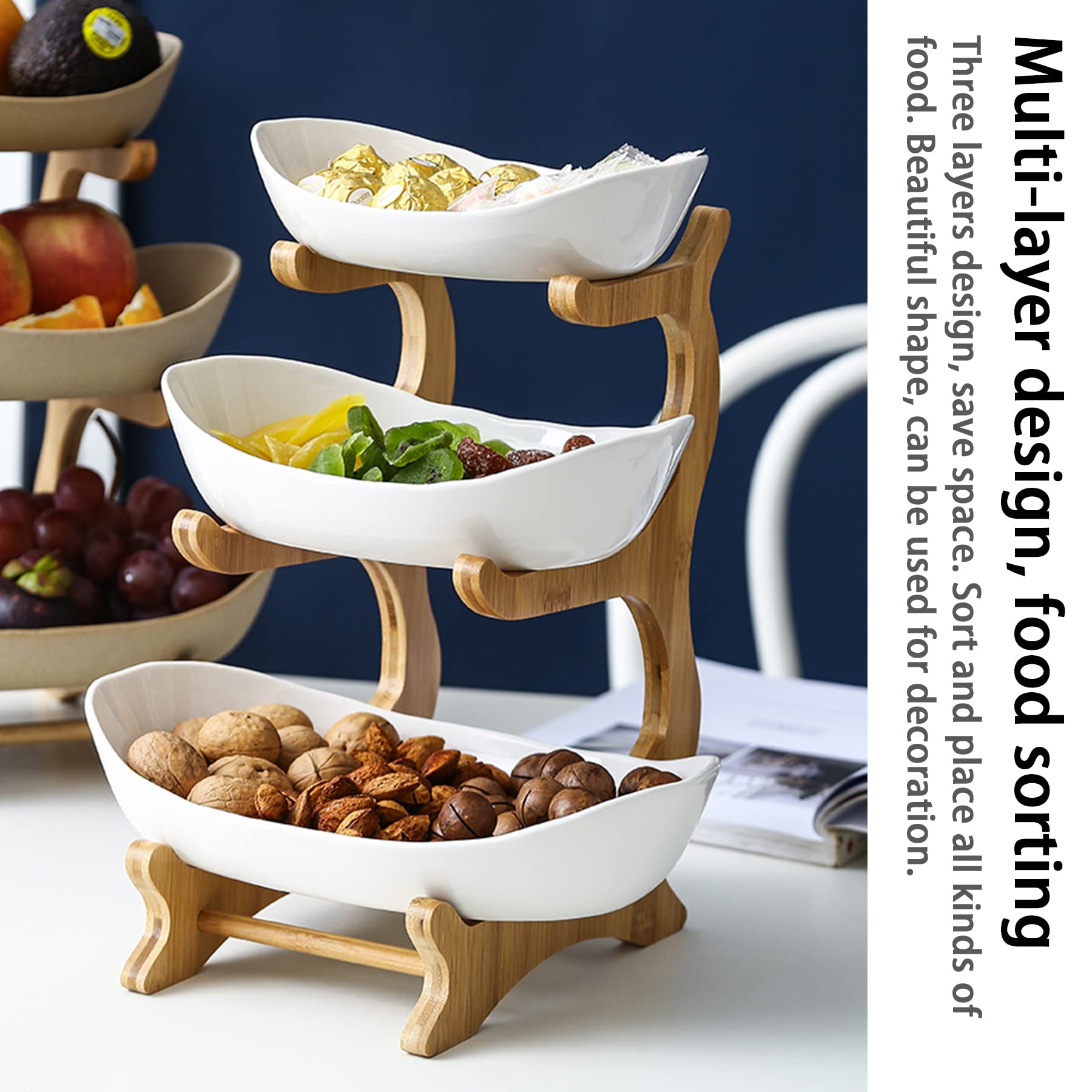 Ceramic Oval Tiered Serving bowls Tray Set，White 3 Tier Ceramic Fruit Bowl with Bamboo Wood Stand for Sushi, Dessert, Fruit, Vegetables, Appetizer, Cake, Candy, Chip Dip (White, 3-Tier)