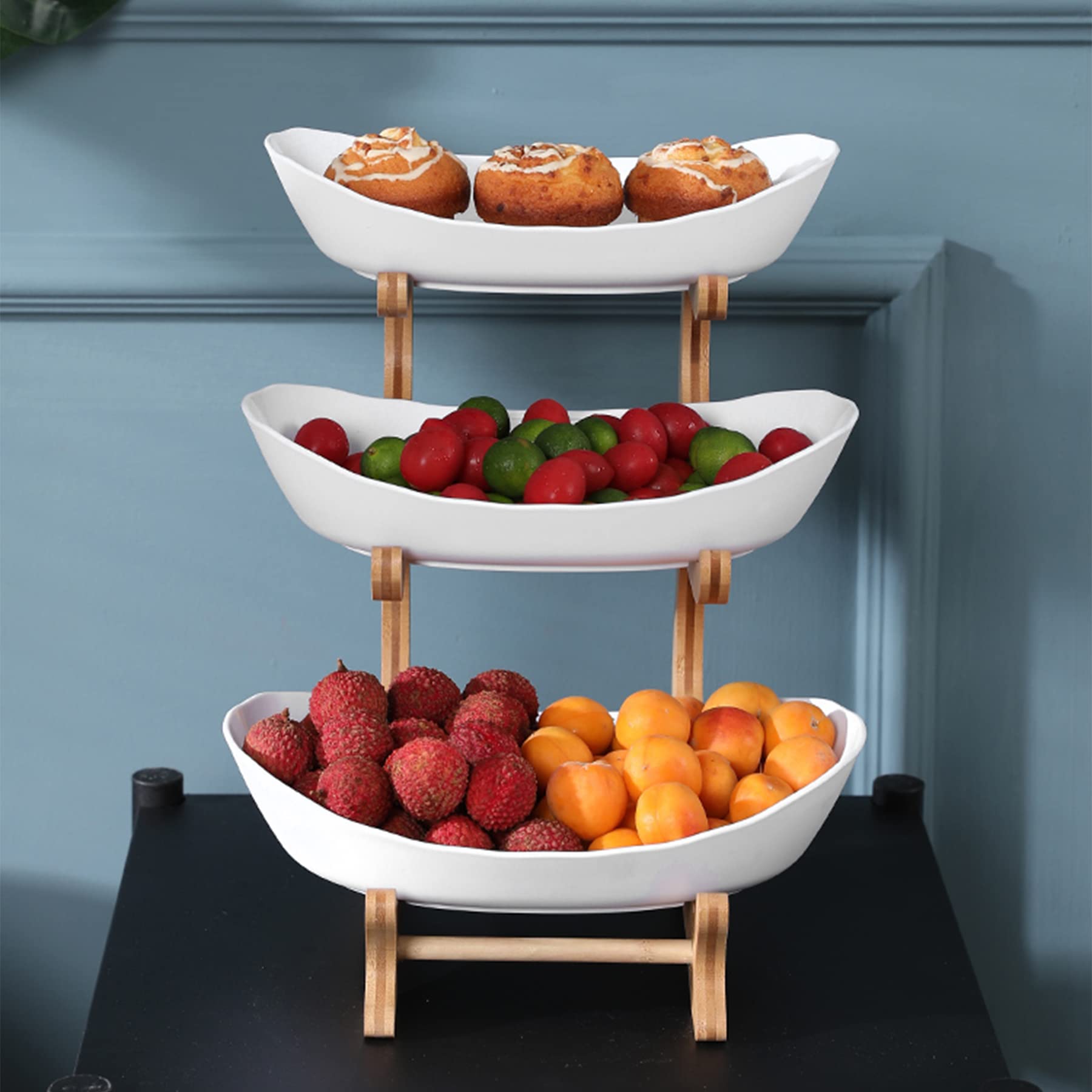 Ceramic Oval Tiered Serving bowls Tray Set，White 3 Tier Ceramic Fruit Bowl with Bamboo Wood Stand for Sushi, Dessert, Fruit, Vegetables, Appetizer, Cake, Candy, Chip Dip (White, 3-Tier)