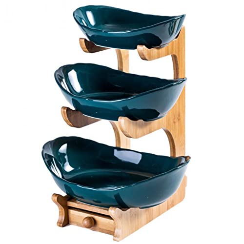 Tmore 3 Tier Fruit Bowl for Kitchen Counter, Ceramic Fruit Basket Set with Drawer for Vegetable Storage, Porcelain Snack Bread Cake Tray Plate Rack for Party Wedding (3 Tier Dark Green)