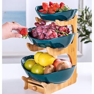 Tmore 3 Tier Fruit Bowl for Kitchen Counter, Ceramic Fruit Basket Set with Drawer for Vegetable Storage, Porcelain Snack Bread Cake Tray Plate Rack for Party Wedding (3 Tier Dark Green)