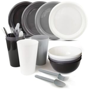 24piece plastic plates and bowls sets dinnerware set dishes set for 4,college dorm room essentials,camping plates and bowls with tumbler,knives,forks and spoons,mess kit,microwave safe,bpa free