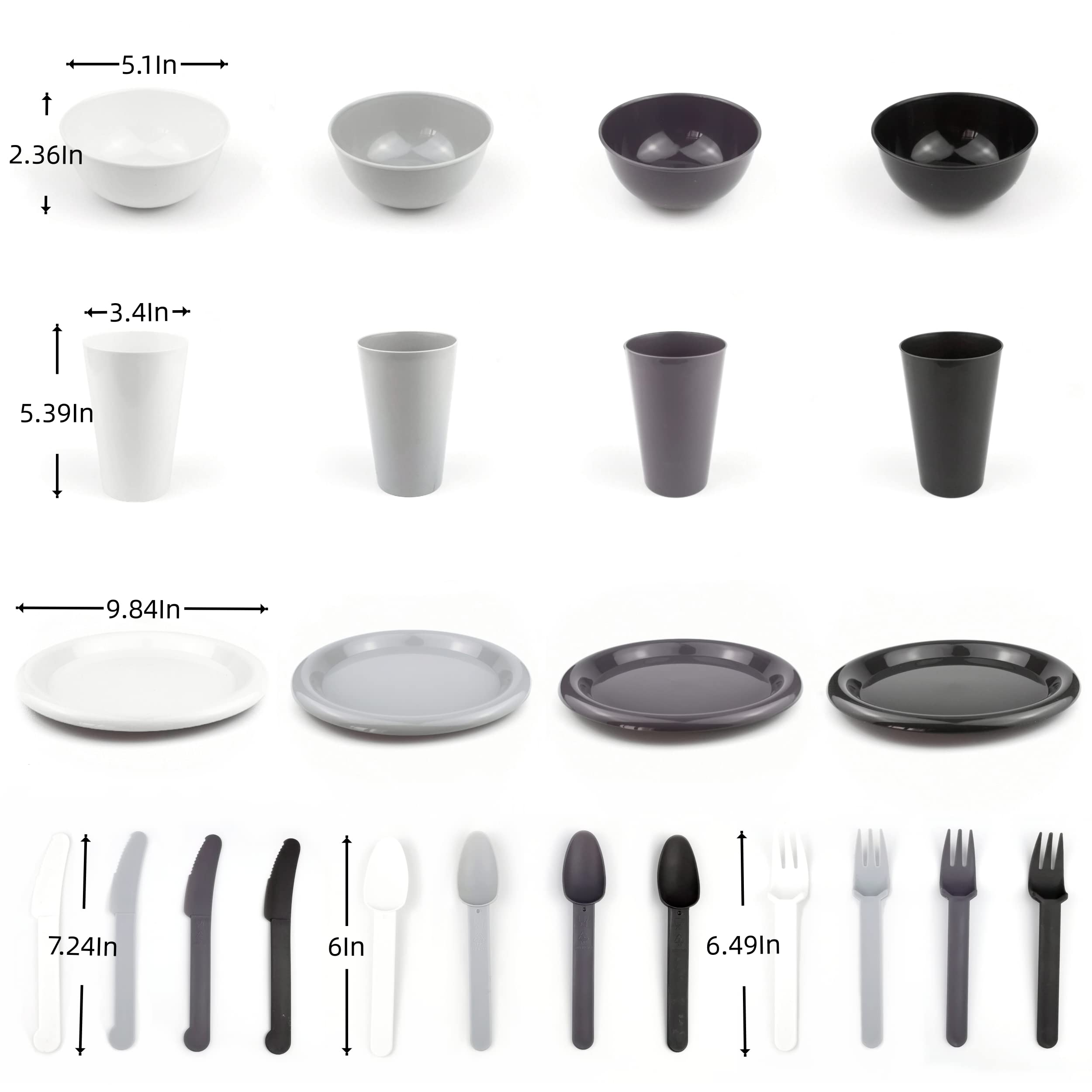 24Piece Plastic Plates and Bowls Sets Dinnerware Set Dishes Set for 4,College Dorm Room Essentials,Camping Plates and Bowls with Tumbler,Knives,Forks and Spoons,Mess Kit,Microwave Safe,BPA Free