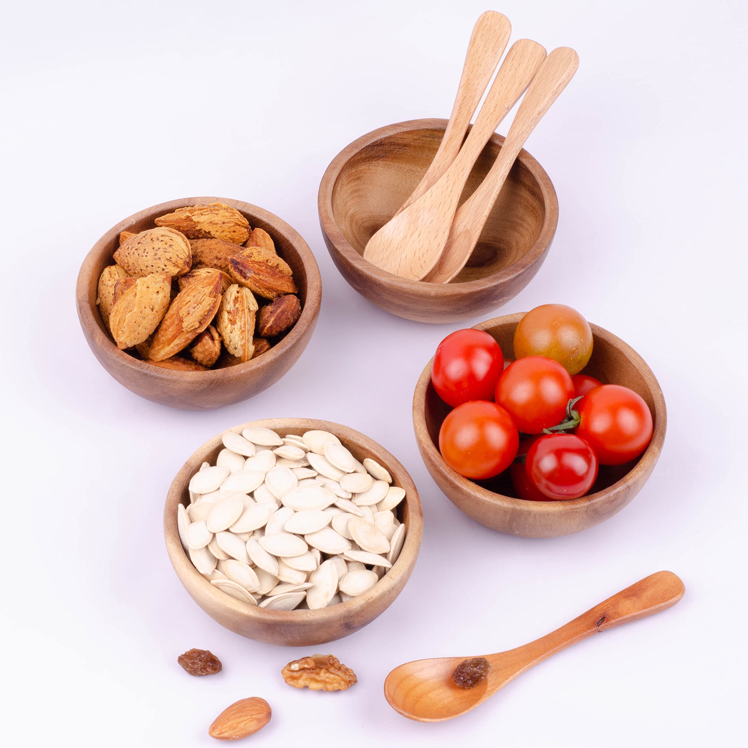 VieWood Small Wooden Bowl Set, Wood Bowls for Condiments, Dip Sauce, Nuts, Ketchup, Jam, Herb, Prep (Round-high 1.57")