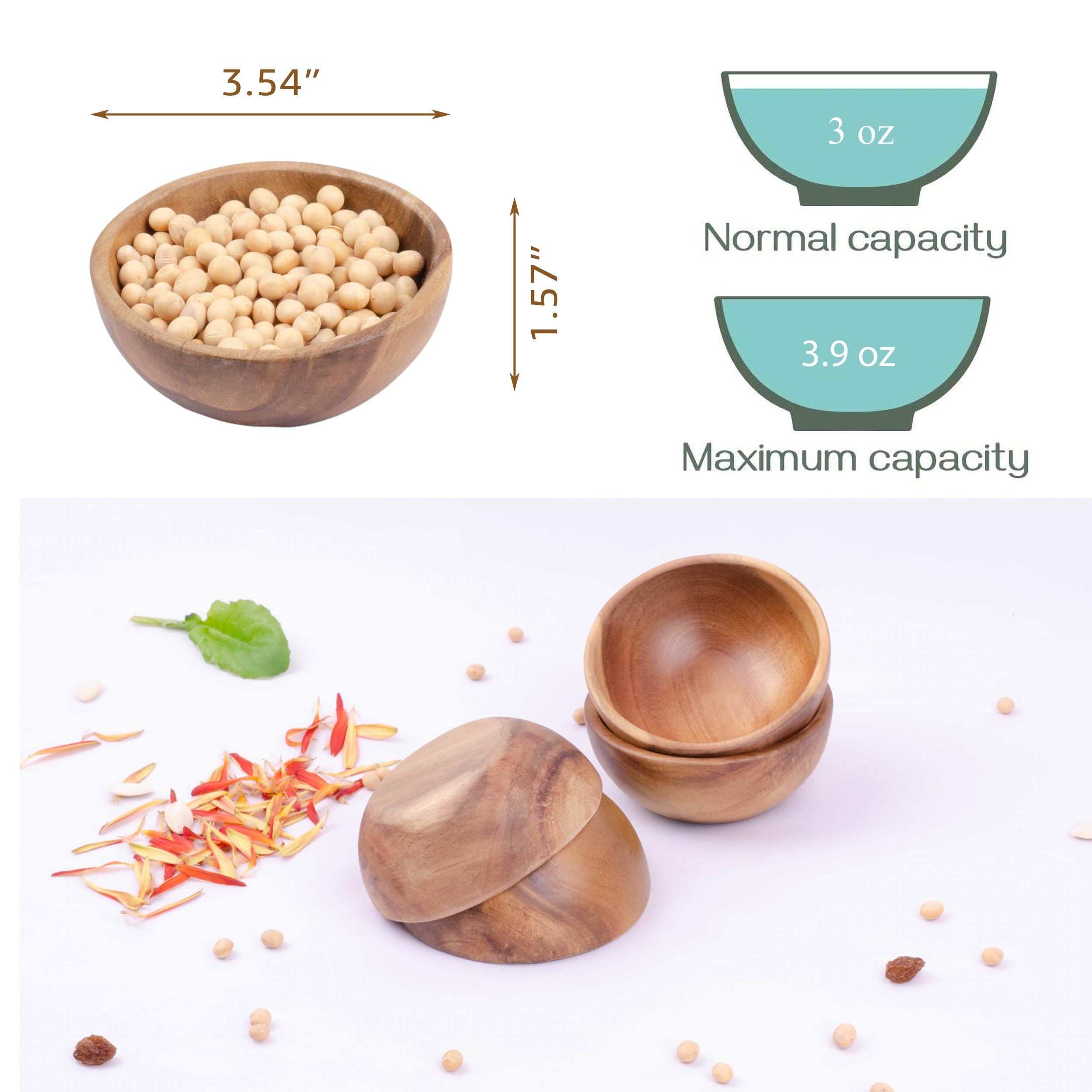 VieWood Small Wooden Bowl Set, Wood Bowls for Condiments, Dip Sauce, Nuts, Ketchup, Jam, Herb, Prep (Round-high 1.57")